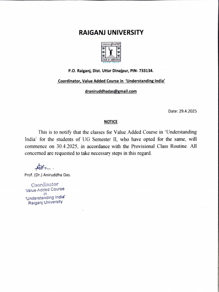 Notice Class Routine - VAC in Understanding India - UG Semester II | PDF