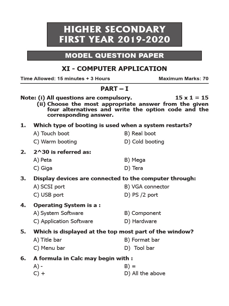 Namma Kalvi 11th Computer Application Model Question Papers em 2020 ...