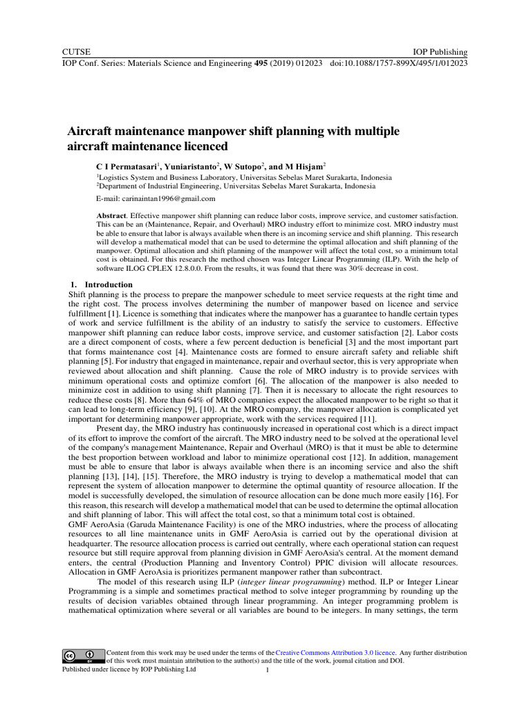 Aircraft Maintenance Manpower Shift Palnning With Multiple Aircraft ...