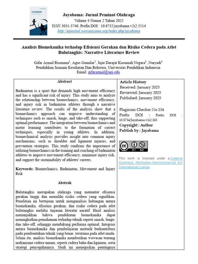 Biomekanika Bulutangkis: Efisiensi & Cedera | PDF
