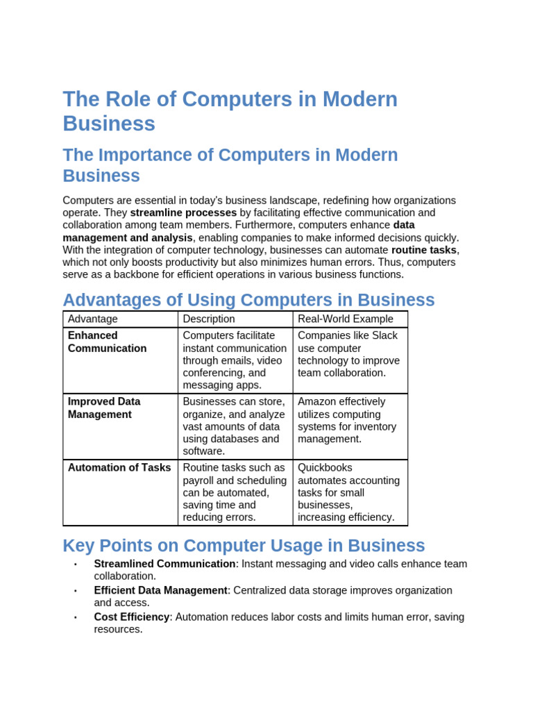 The Role of Computers in Modern Business | PDF