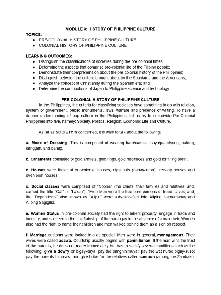 Philippine Culture: Pre-Colonial & Colonial | PDF | Philippines
