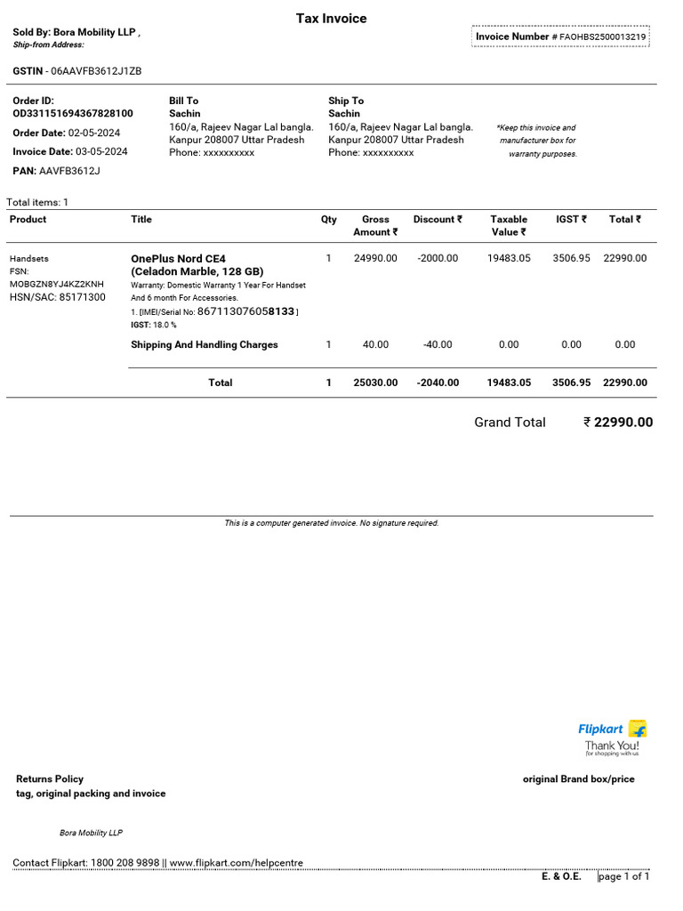 Invoice of One Plus | PDF | Taxes | Government Finances