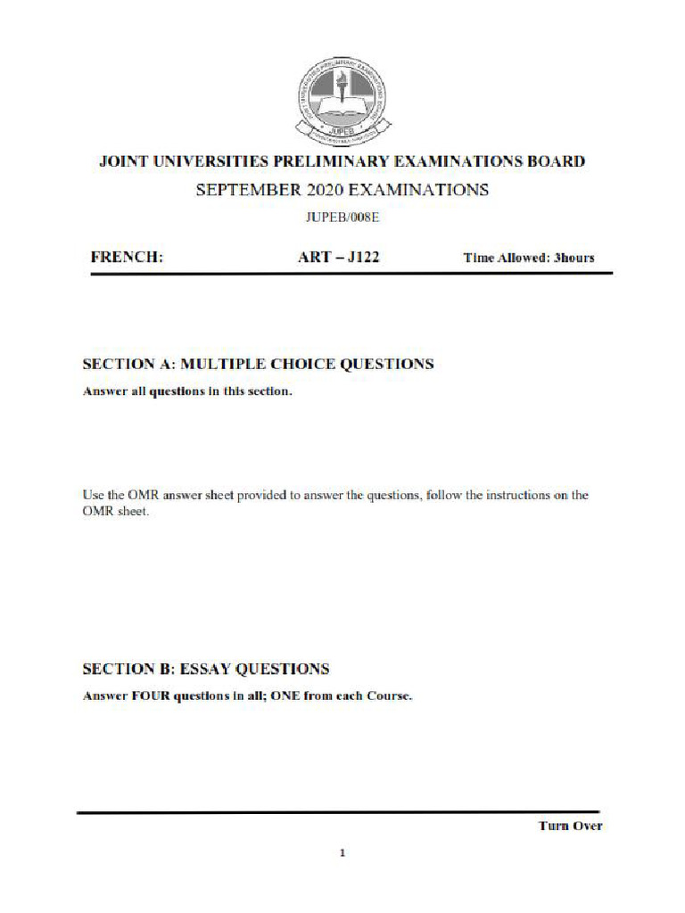 2020 French - MCQ & Essay | PDF
