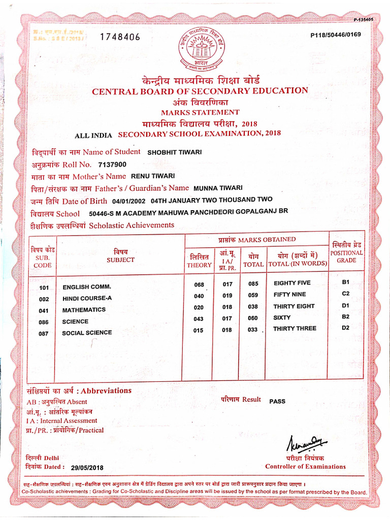10th Marksheet | PDF