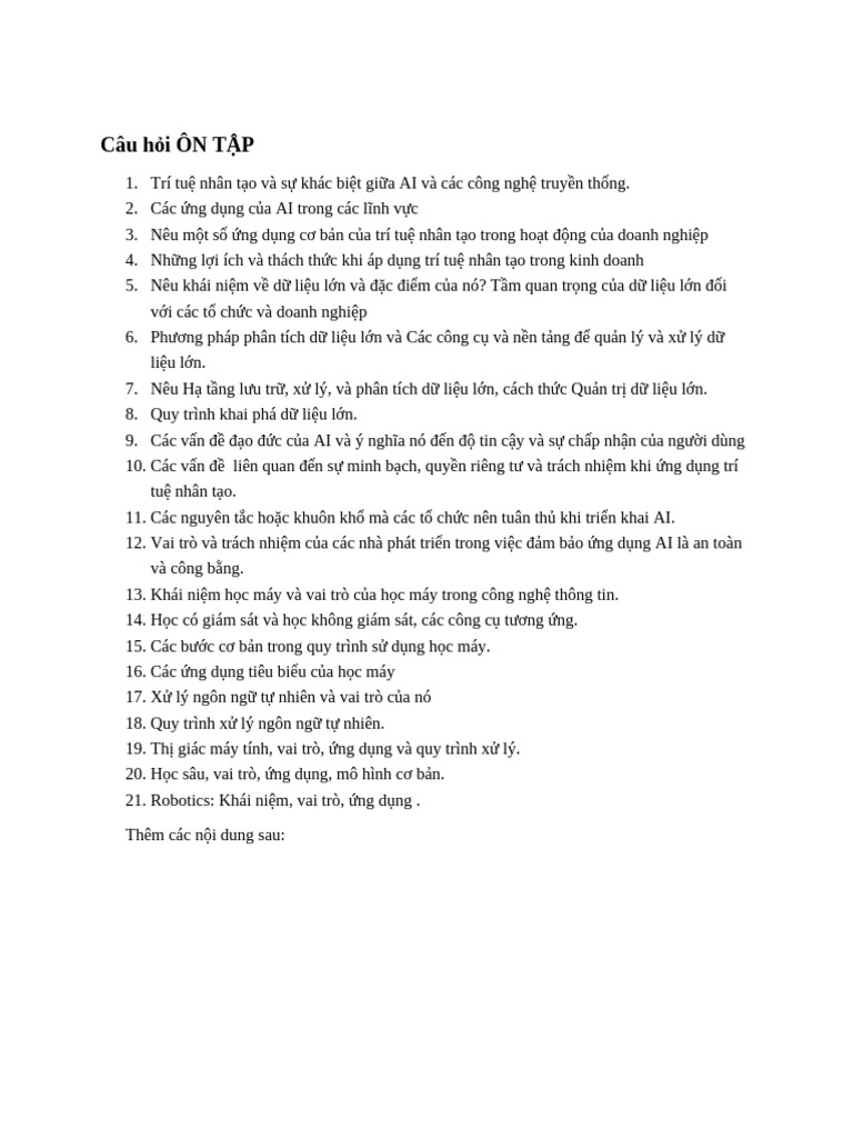 De Cuong On tap-HP Ung Dung AI - Cac Noi Dung ONTAP | PDF