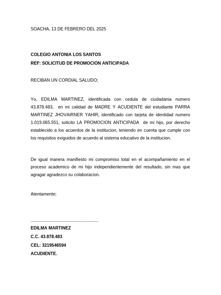 Carta Promocion Anticipada de Colegio | PDF