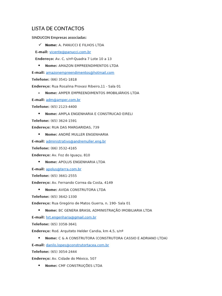 Lista de Contatos Siducon | PDF