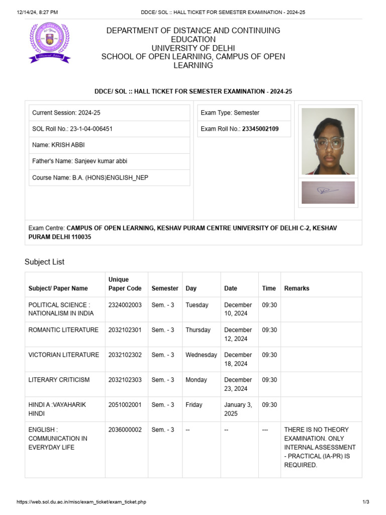 Ddce - Sol - Hall Ticket For Semester Examination - 2024-25 | PDF