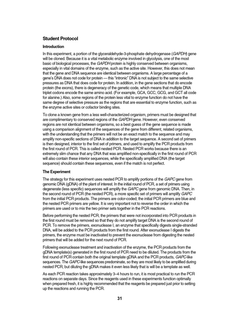 Student protocol from GAPDH-PCR Module Manual | PDF | Polymerase Chain Reaction | Primer ...