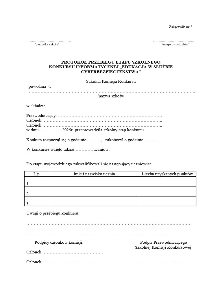 Protokol Etap Szkolny - Zal NR 3 | PDF