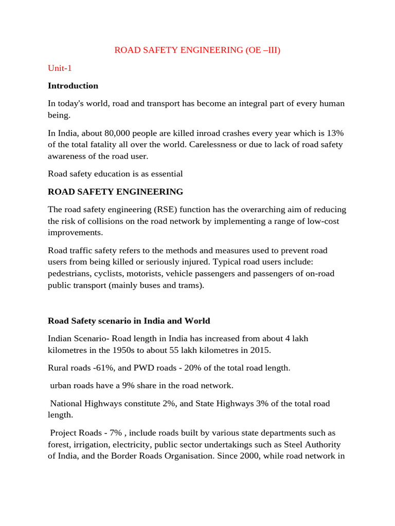 ROAD SAFETY ENGINEERING UNIT-1 | PDF | Road Traffic Safety | Road