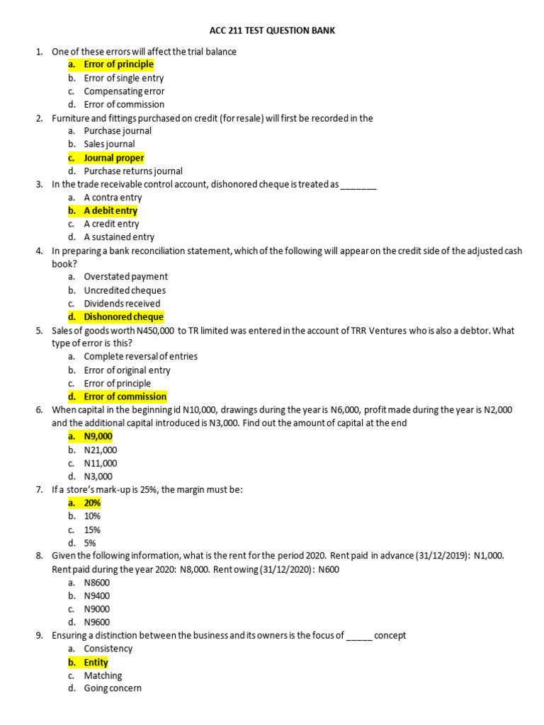 ACC 211 Accounting Test Question Bank | PDF | Debits And Credits ...