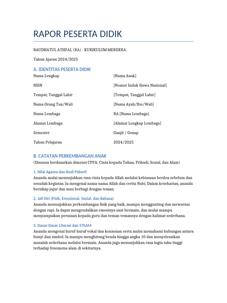 Contoh Rapor RA Kurikulum Merdeka 2024-2025 | PDF