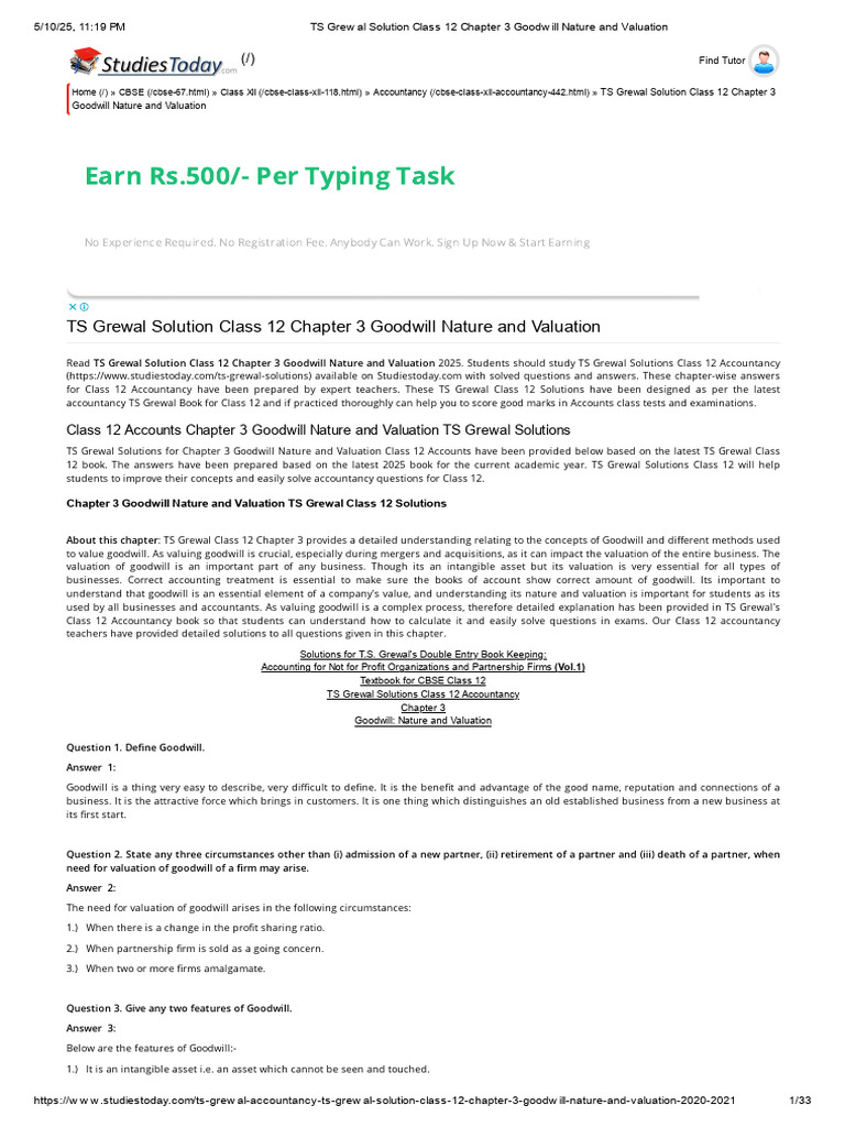 TS Grewal Solution Class 12 Chapter 2 Goodwill Nature and Valuation | PDF | Goodwill (Accounting ...