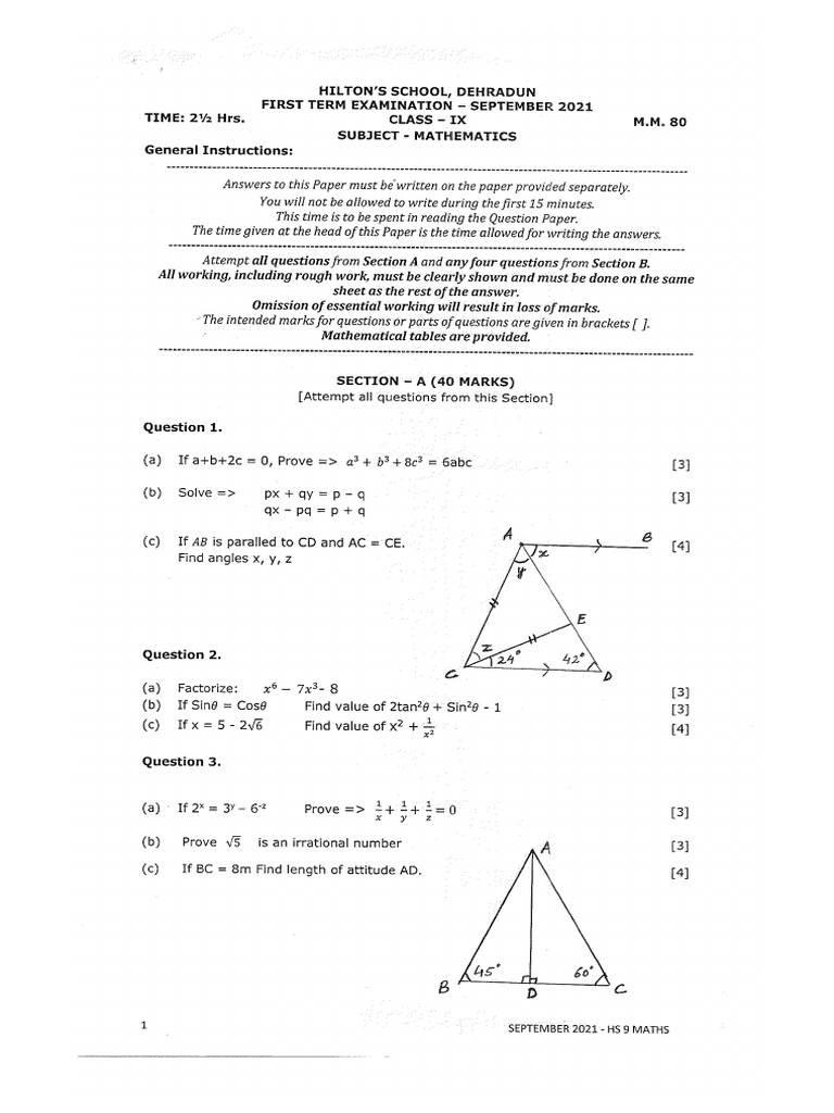 ICSE - Class IX Maths Question Paper For Practice | PDF