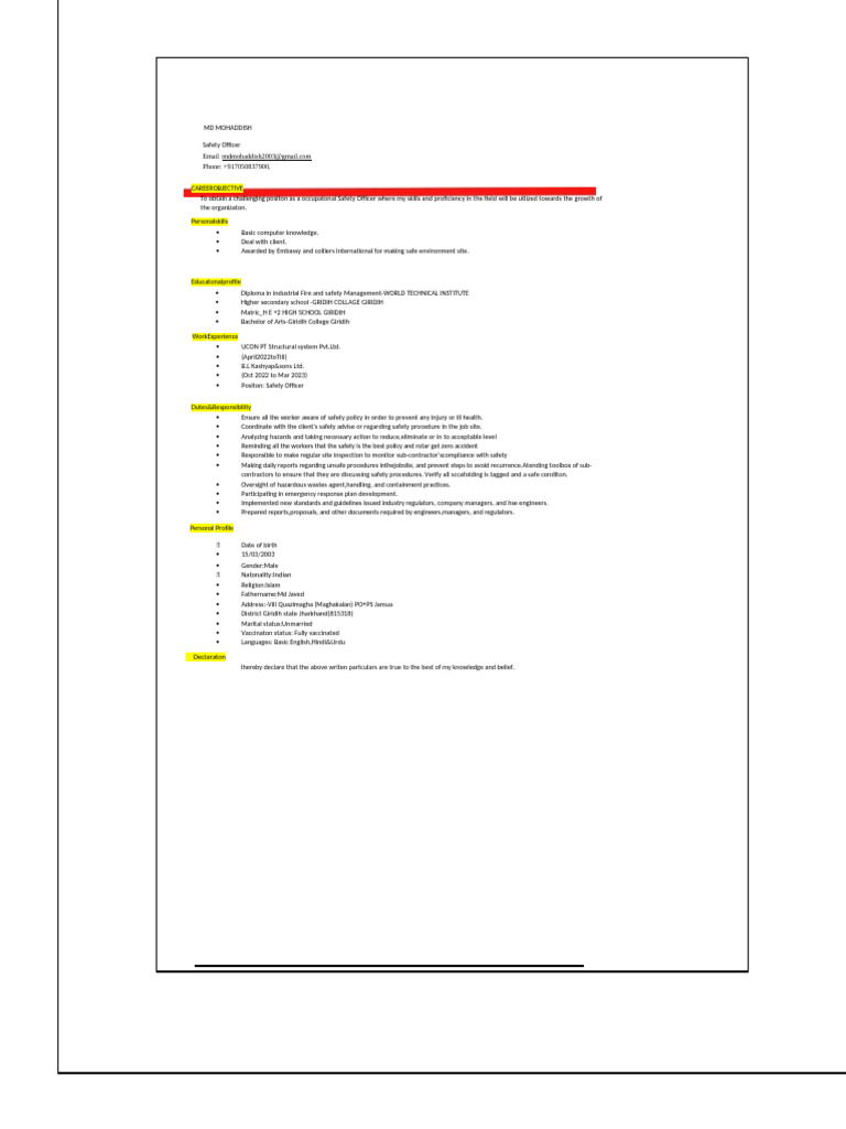 Resume MD Mohaddish Safety Officer | PDF | Safety