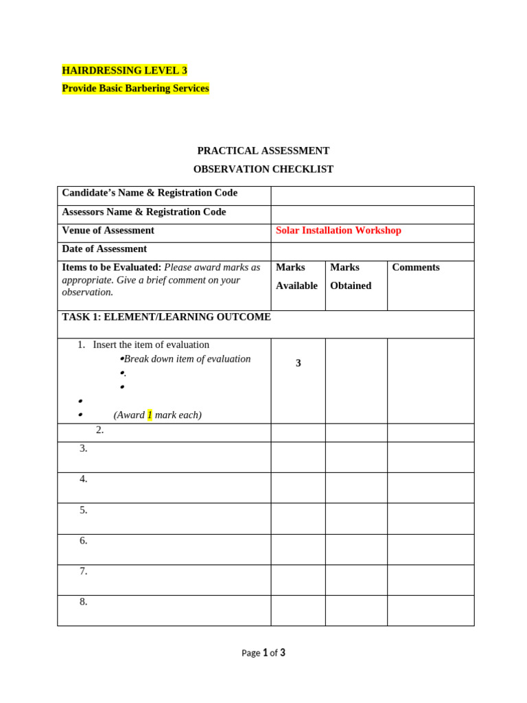 Template Observation Checklist UNIT NAME Level 3 | PDF
