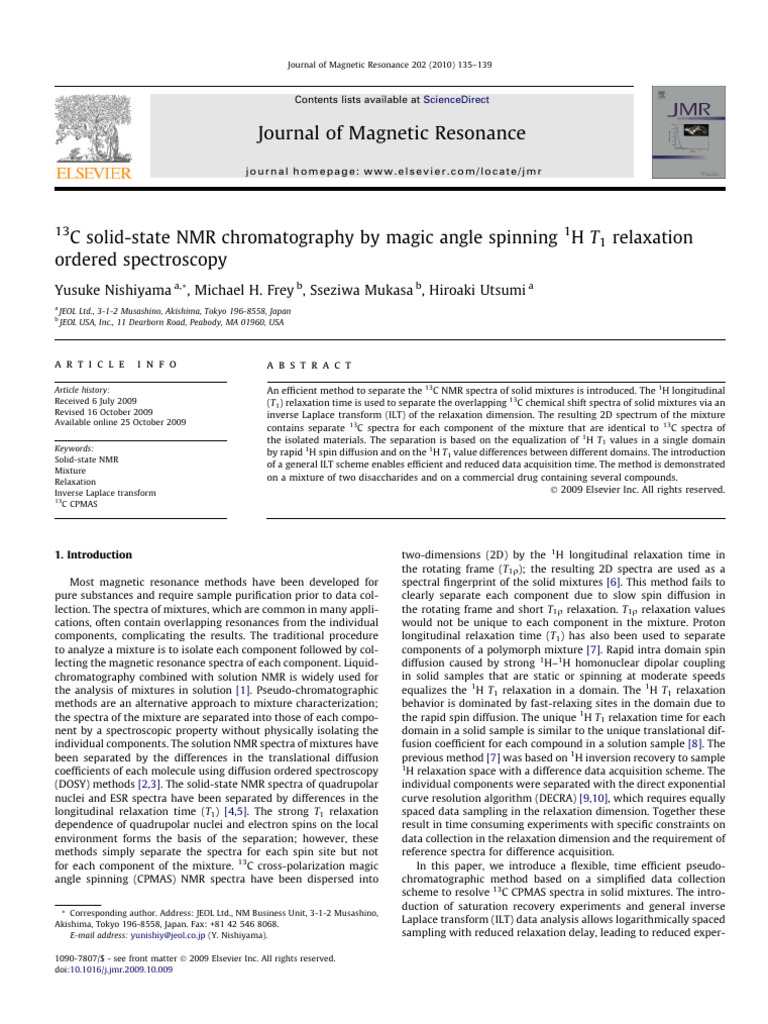 13C Solid-State NMR Chromatography by Magic Angle Spinning 1 H T1 Relaxation Ordered Spectros ...