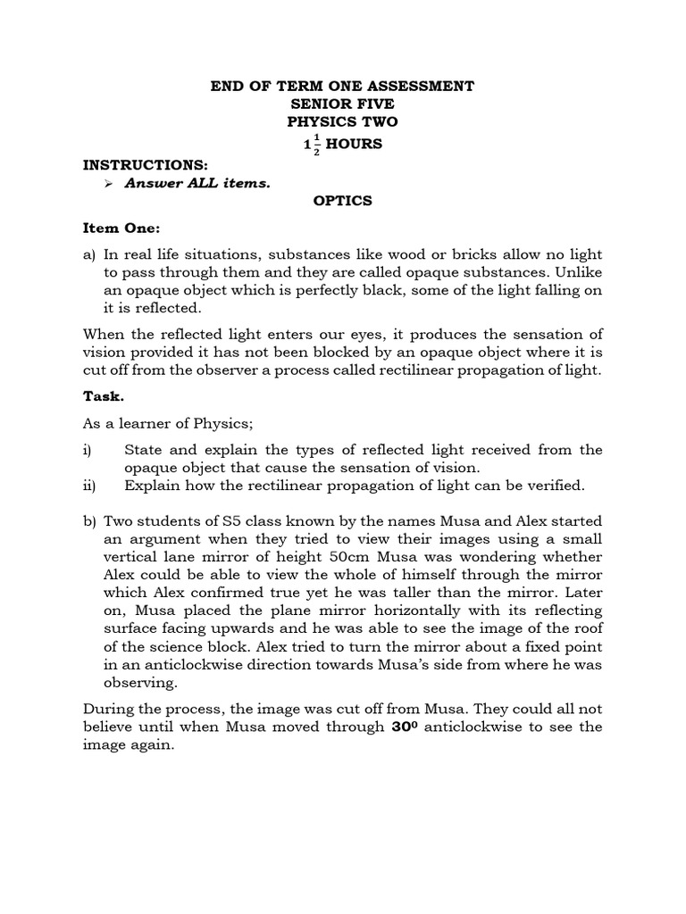 S5 Physics Assessment: Optics & Electrostatics | PDF | Mirror | Light