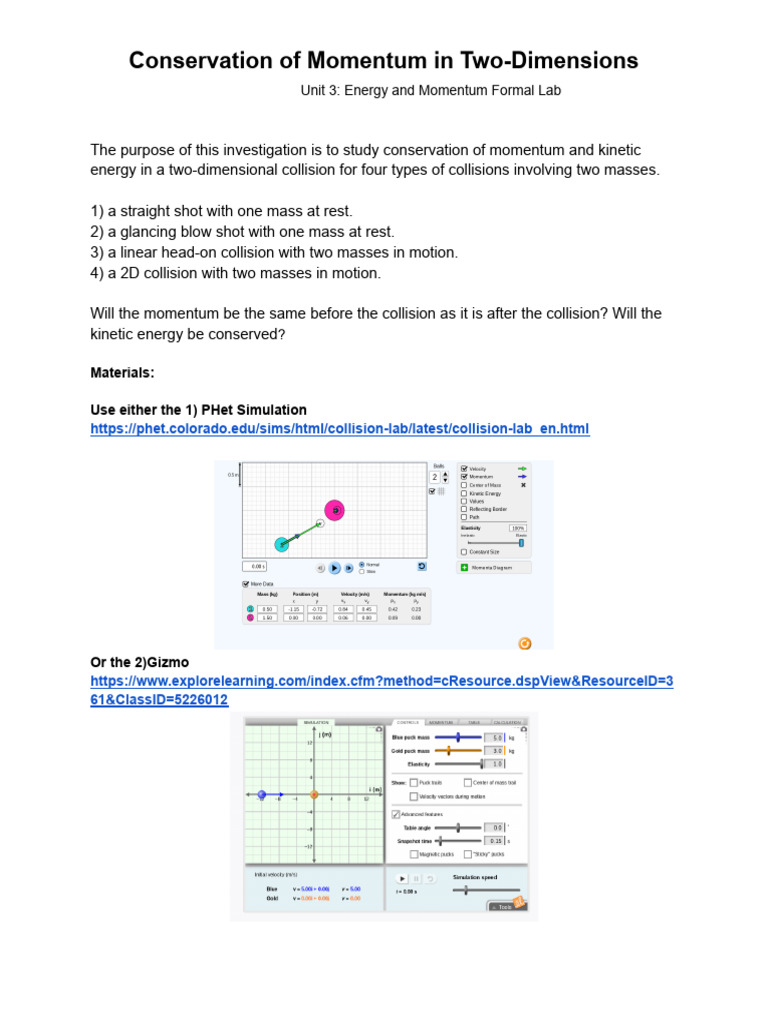SPH4U Sim Lab Conservation of Momentum in 2D | PDF | Collision | Momentum