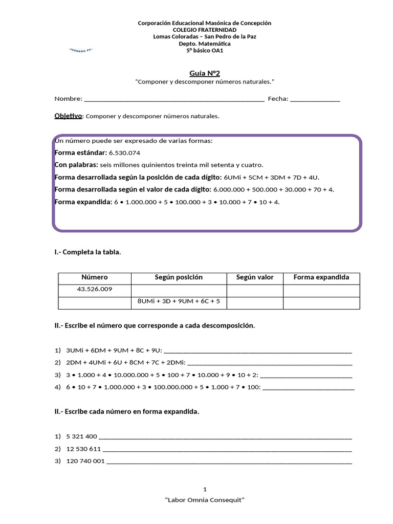 Guía N°2 Componer y Descomponer Números. | PDF