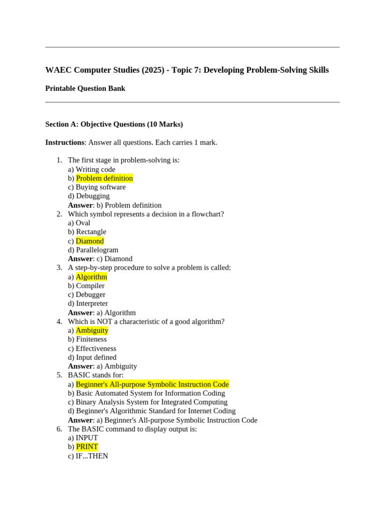 WAEC Computer Studies Topic 7 | PDF | Algorithms | Computer Programming