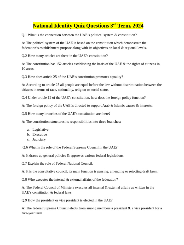 National Identity Quiz Questions 3rd Term | PDF | United Arab Emirates ...