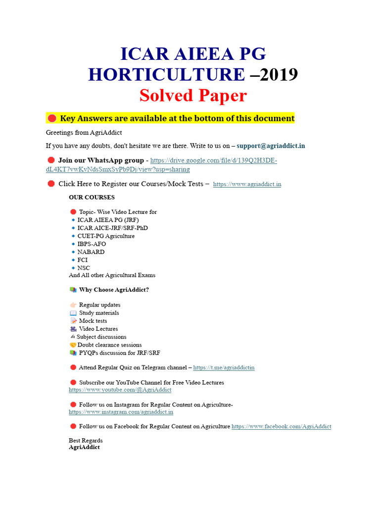 ICAR AIEEA PG Horticulture 2019 Solved Paper | PDF | Multiple Choice ...