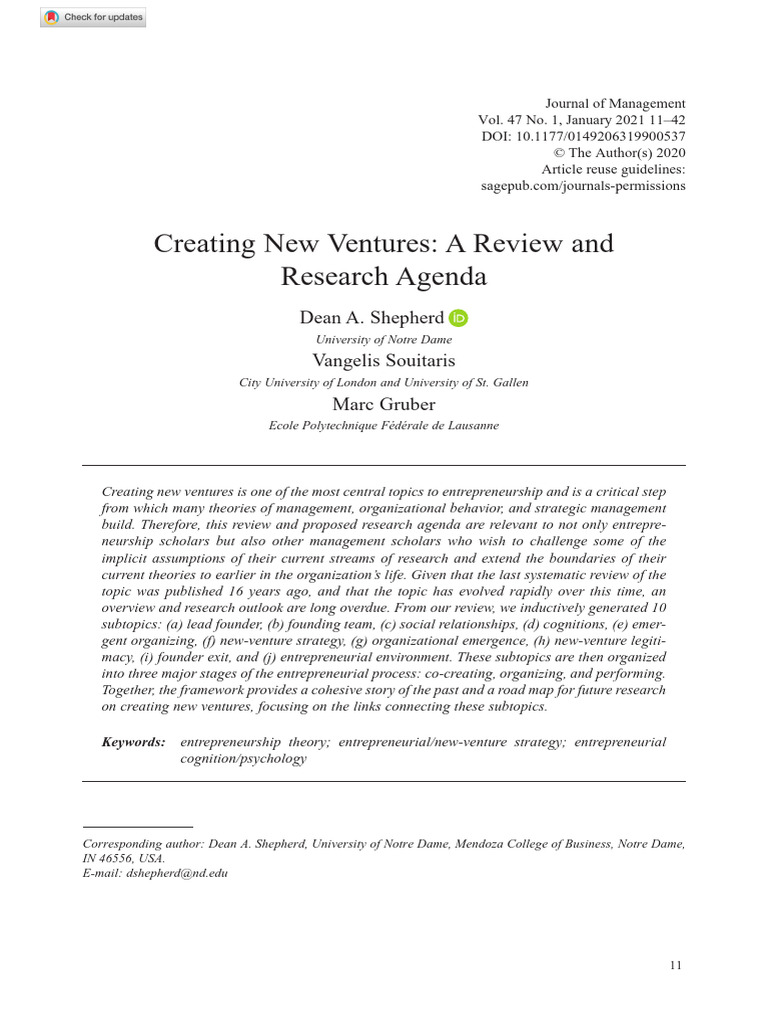 Creating New Ventures - A Review and Research Agenda | PDF ...