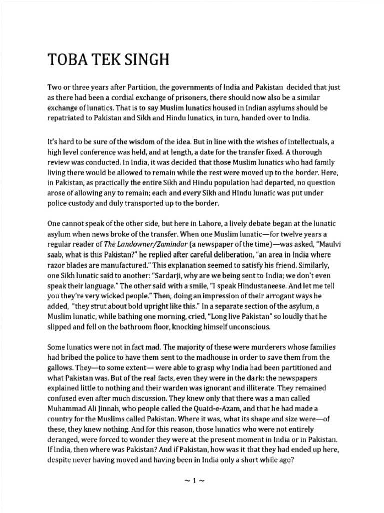 Toba Tek Singh | PDF | Muhammad Ali Jinnah | Indian Religions