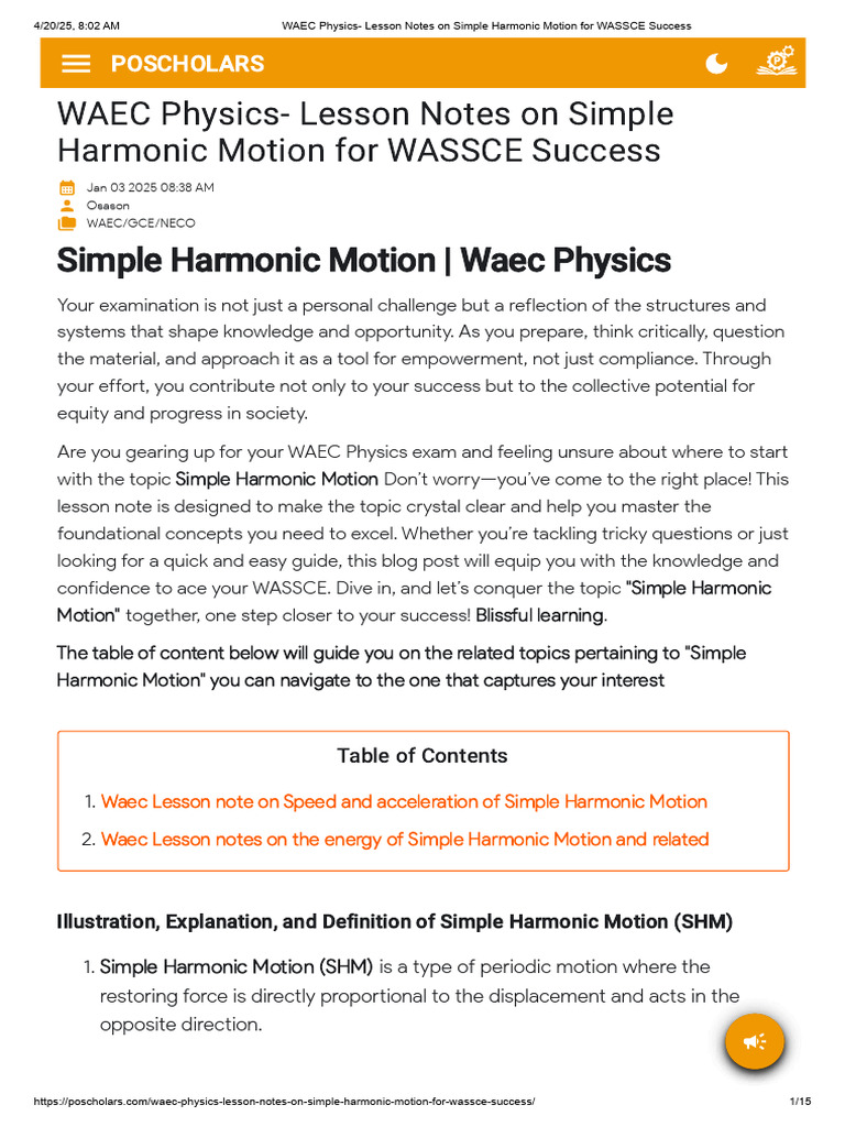 WAEC Physics: SHM Lesson Notes | PDF | Oscillation | Resonance