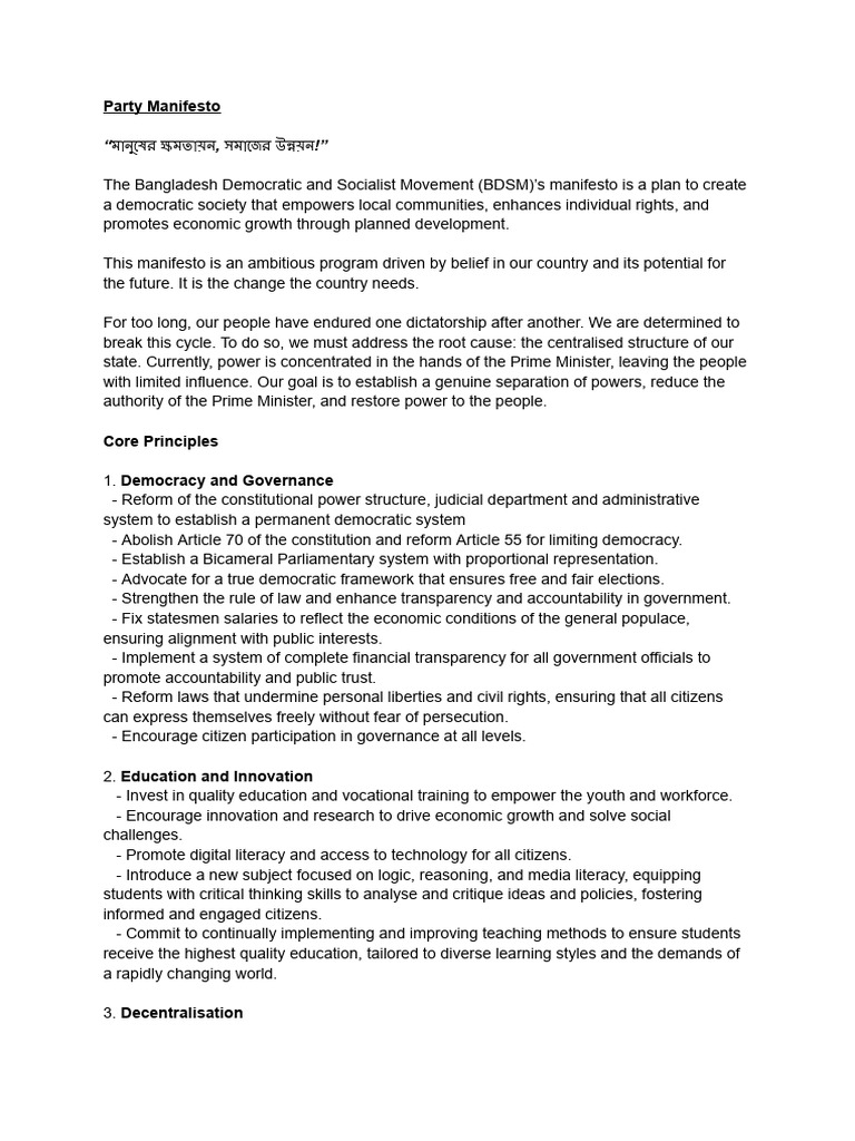 Bengal Workers Party Manifesto | PDF | Democracy | Political Ideologies