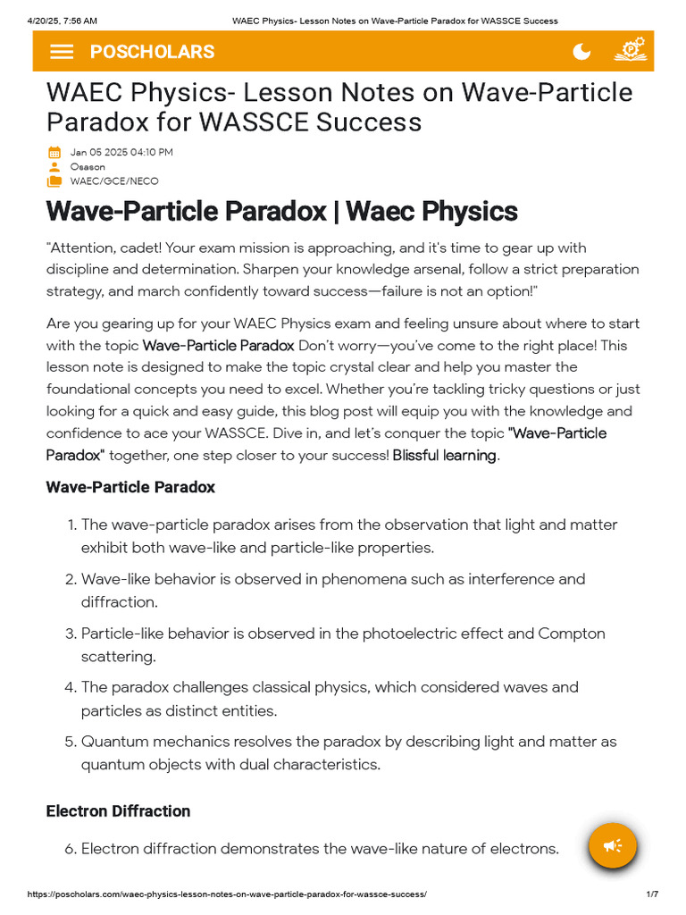 WAEC Physics: Wave-Particle Paradox Guide | PDF | Electron | Photon