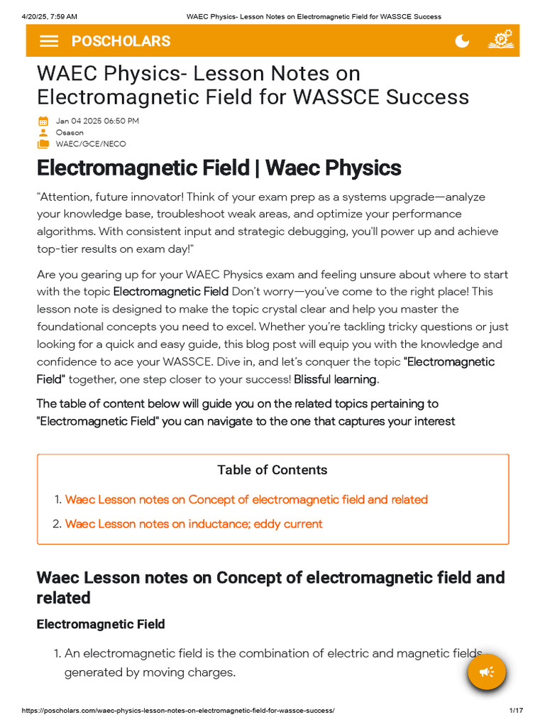 WAEC Physics - Lesson Notes On Electromagnetic Field For WASSCE Success ...