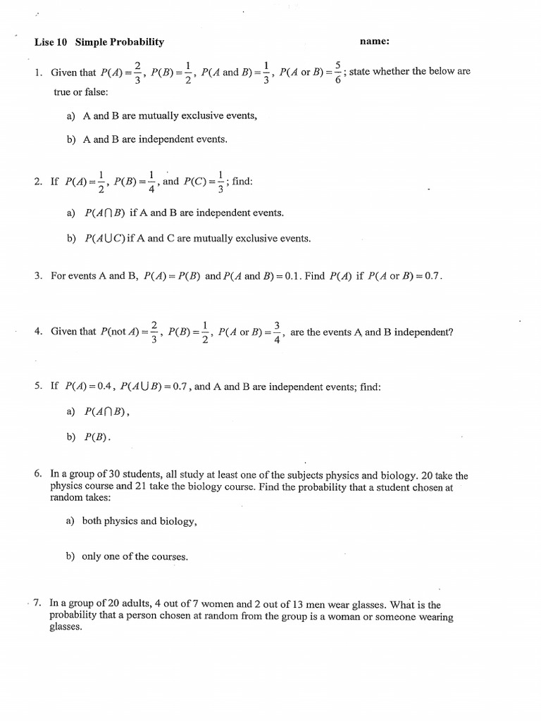 Mixed Probability Worksheet - W Answers | PDF