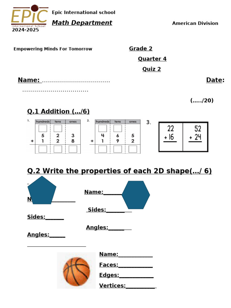 Grade 2 Math Quiz - Quarter 4 | PDF