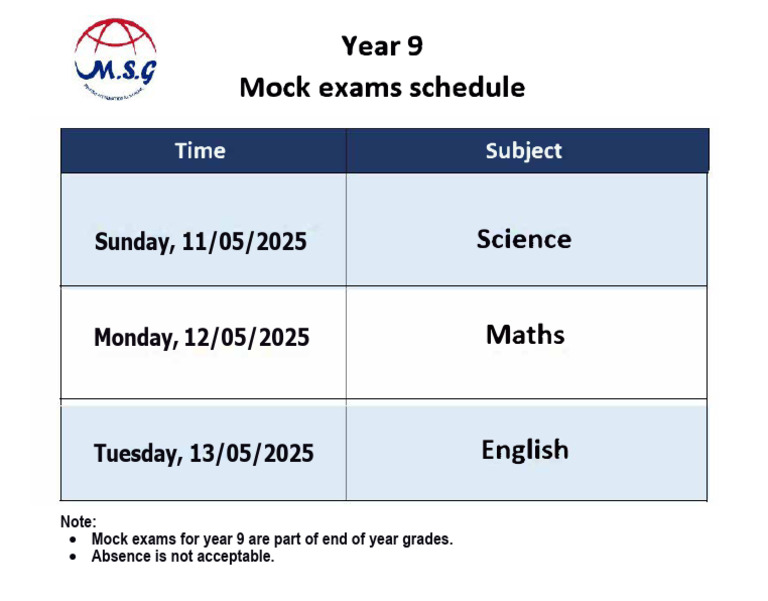 Year 9 Mock Exams Schedule | PDF