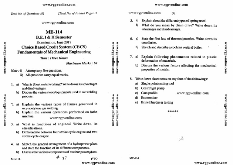 Me 114 Fundamentals of Mechanical Engineering Jun 2017 | PDF