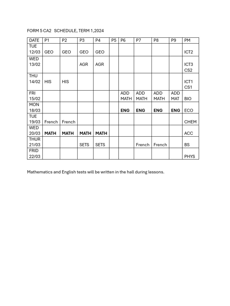 Form 5 Ca2 Timetable | PDF