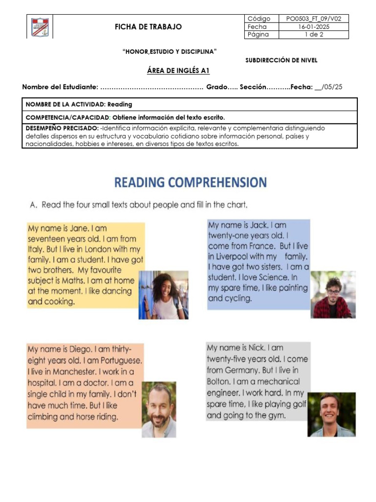 FICHA 2 A1 Reading | PDF