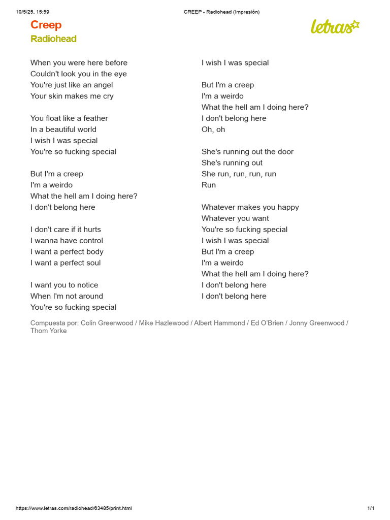 Radiohead's "Creep" Lyrics Analysis | PDF