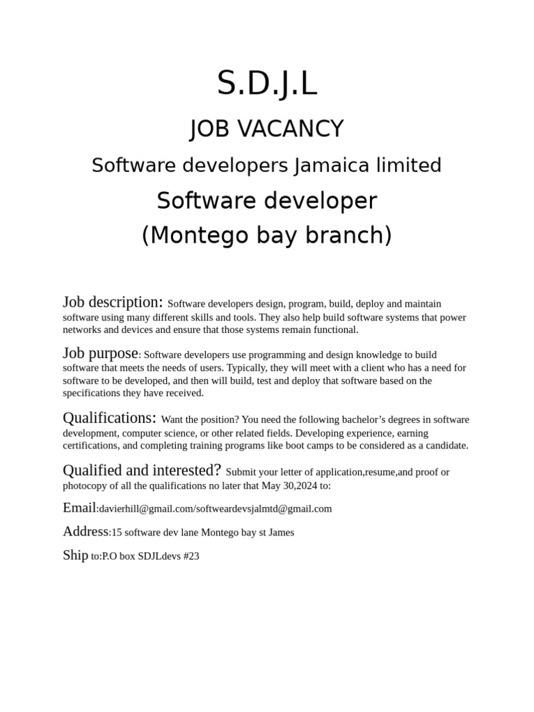 S.D.J.L: Job Vacancy Software Developer (Montego Bay Branch) | PDF