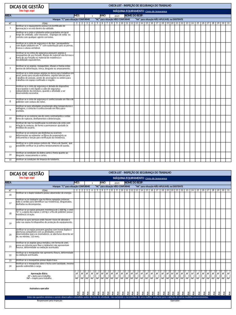 CHECK-LIST Cinto de Segurança | PDF | Materiais