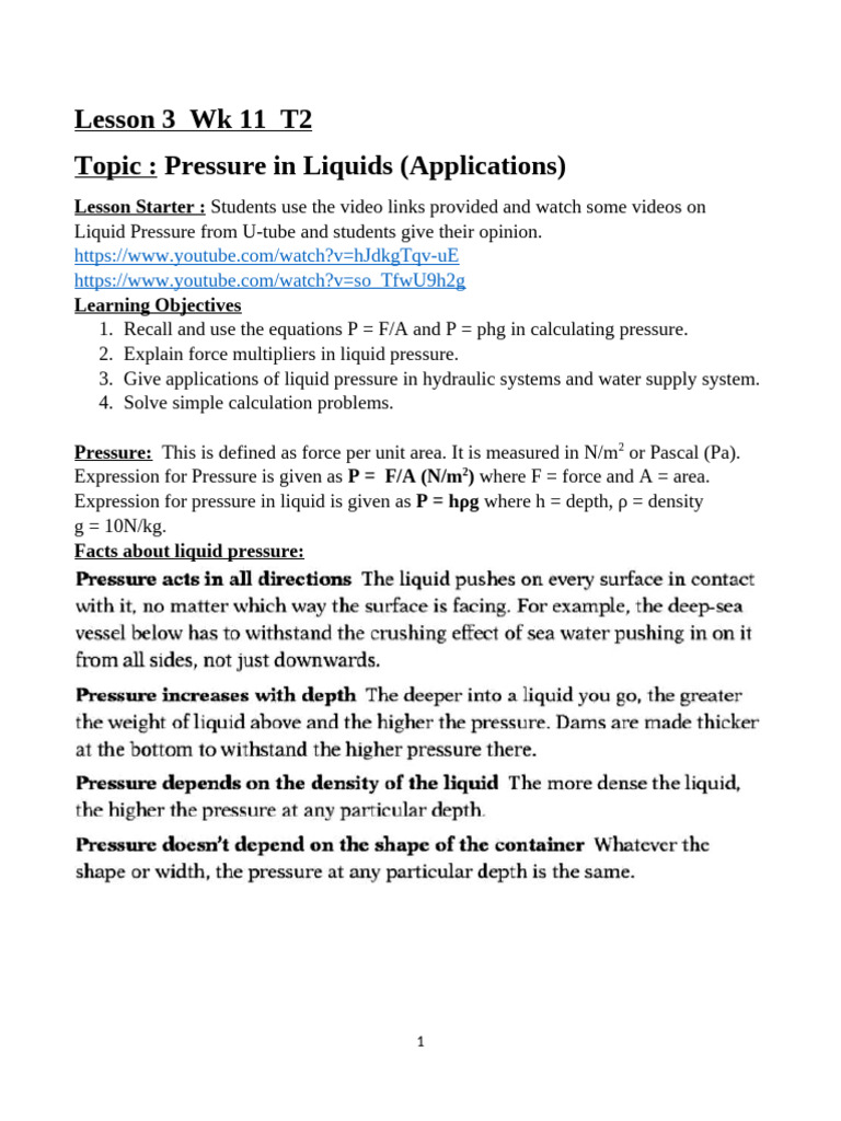 Applications of Liquid Pressure | PDF