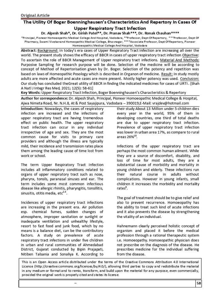 The Utility of Boger Boenninghausen's Characteristics and Repertory in Cases of Upper ...