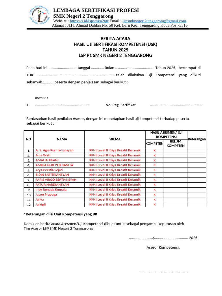 Berita Acara Hasil Uji Usk Tahun 2025 | PDF