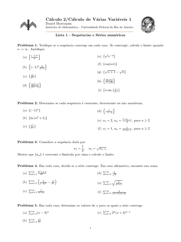 Lista 1 - Sequências e Séries Numéricas | PDF | Objetos matemáticos | Conceitos matemáticos
