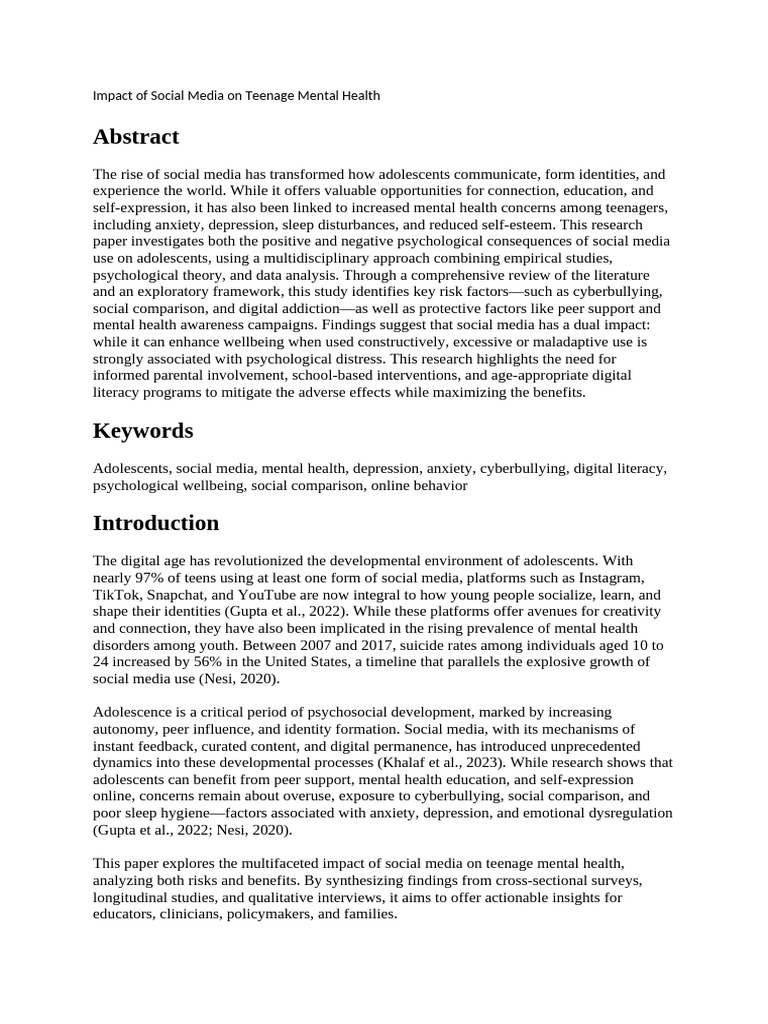 Impact of Social Media On Teenage Mental Health | PDF | Adolescence ...