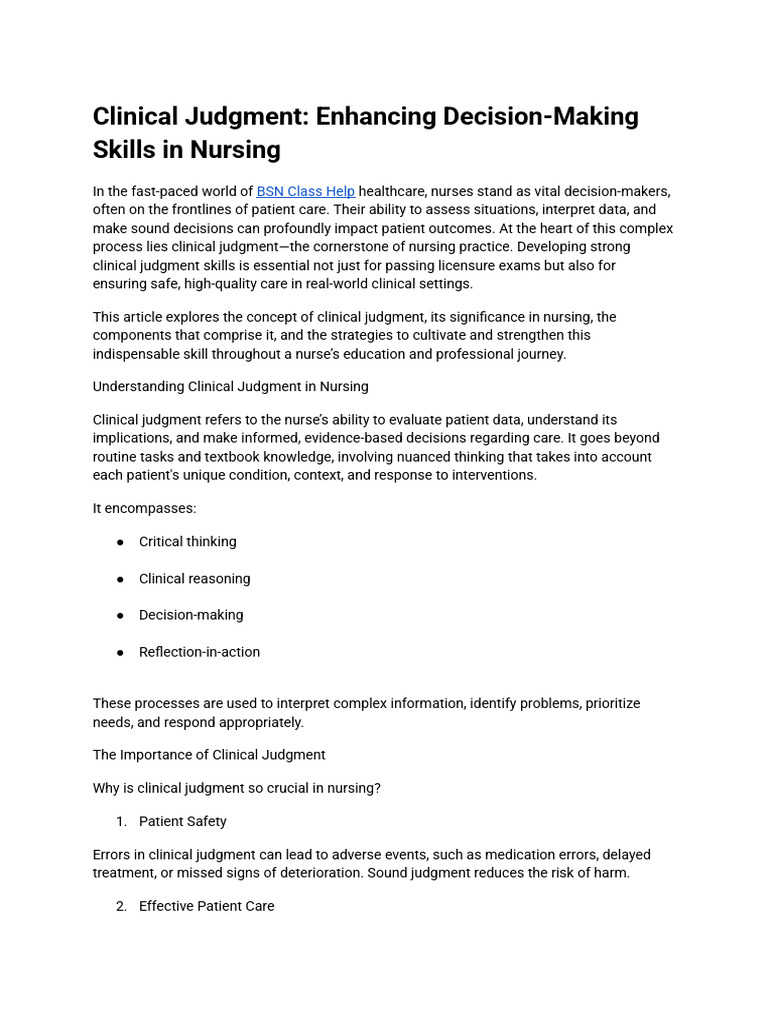 Clinical Judgment - Enhancing Decision-Making Skills in Nursing | PDF ...
